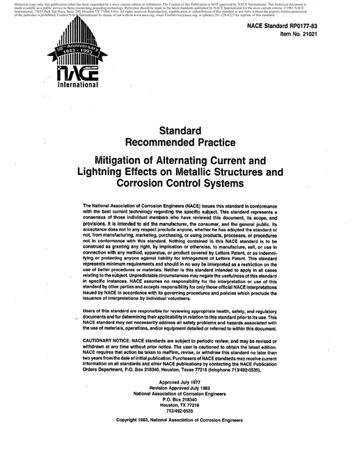 Mitigation of Alternating Current and Lightning Effects on Metallic Structures and Corrosion ...
